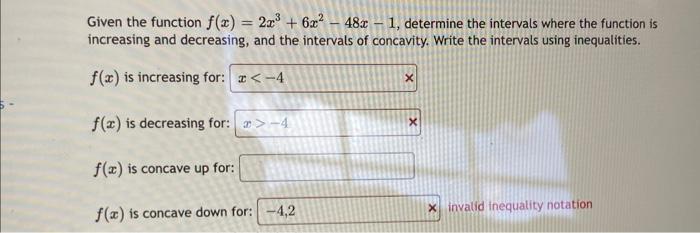 Solved Given the function f(x)=2x3+6x2−48x−1, determine the | Chegg.com