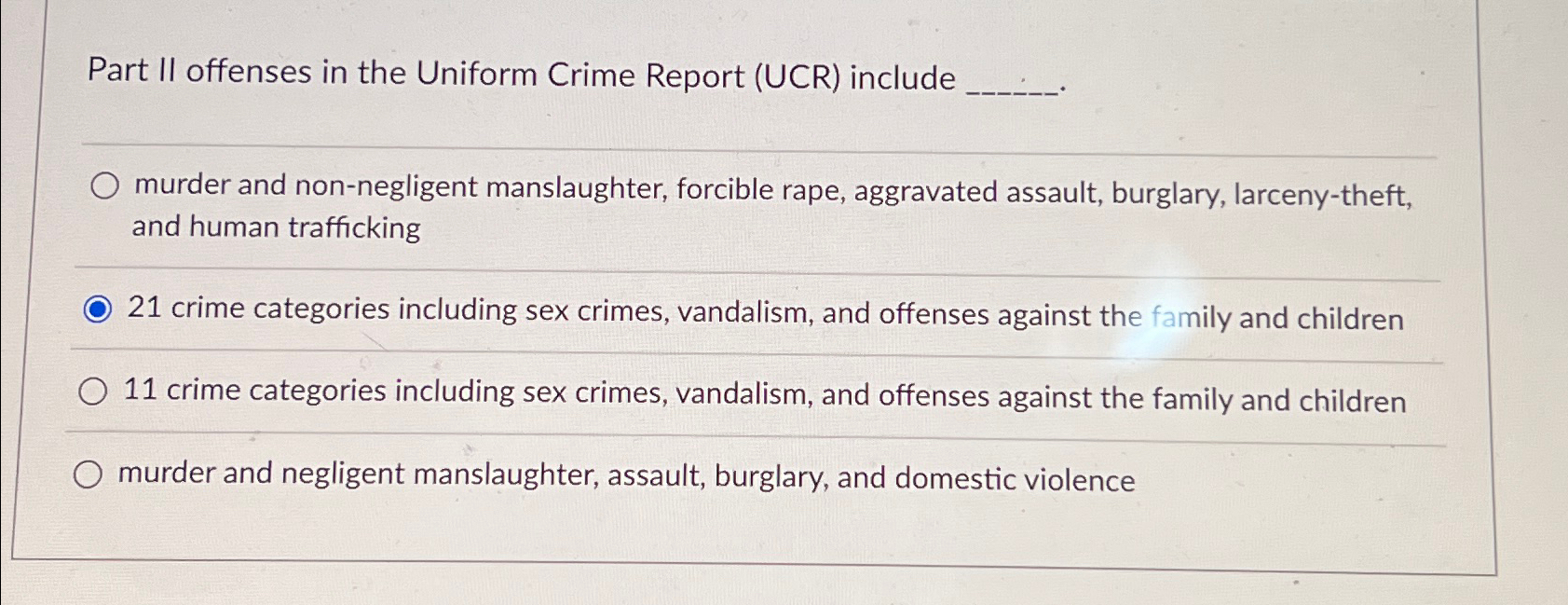 Solved Part II offenses in the Uniform Crime Report (UCR) | Chegg.com