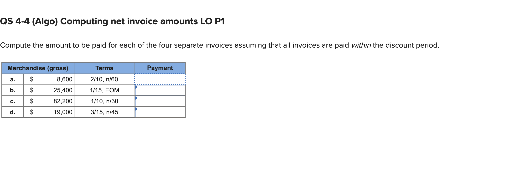 Solved QS 4-4 (Algo) ﻿Computing net invoice amounts LO | Chegg.com
