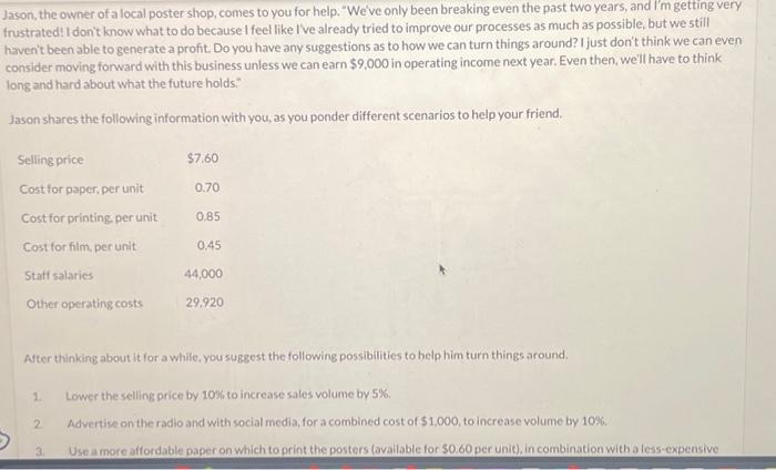 Solved Jason, the owner of a local poster shop, comes to you | Chegg.com