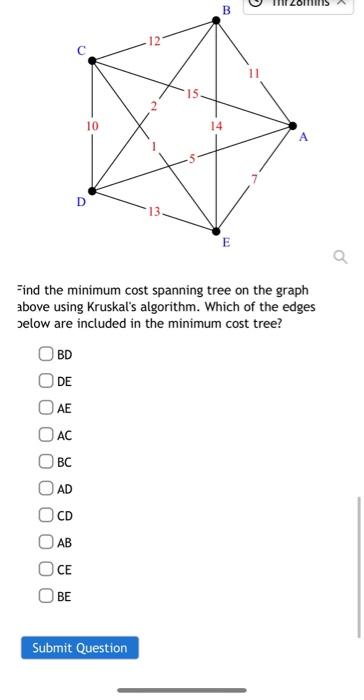 Solved =ind the minimum cost spanning tree on the graph | Chegg.com