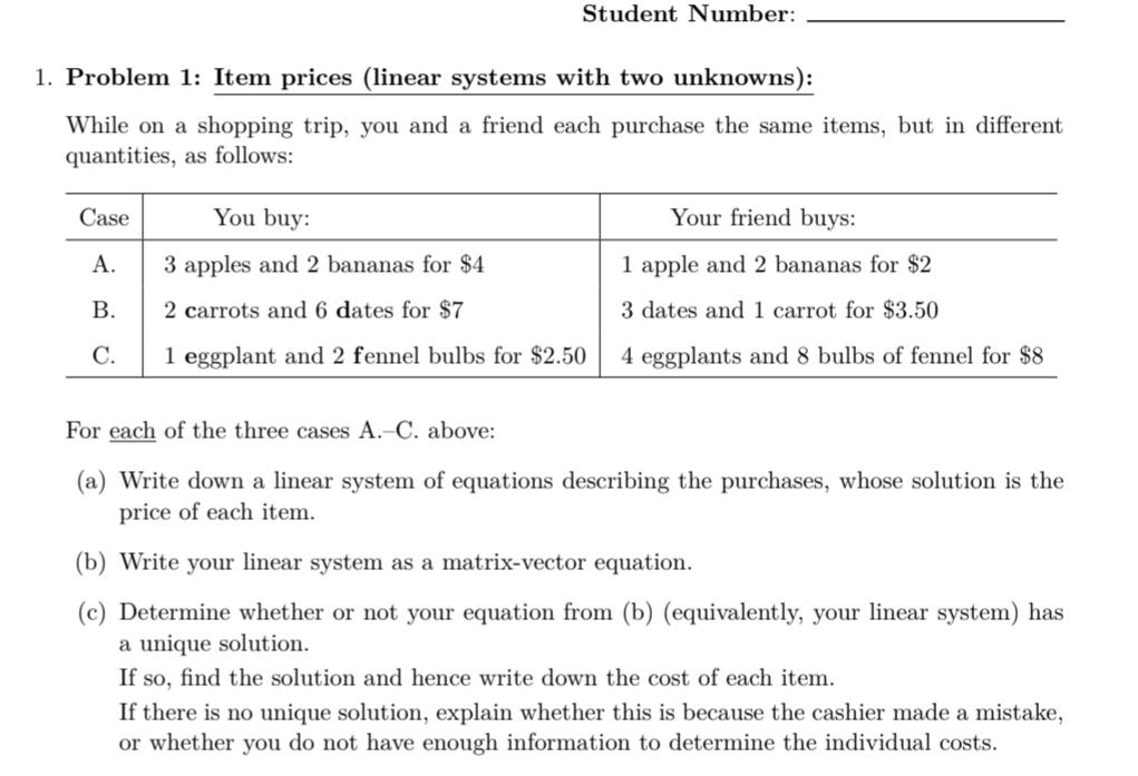 Solved Student Number:Problem 1: Item prices (linear systems | Chegg.com