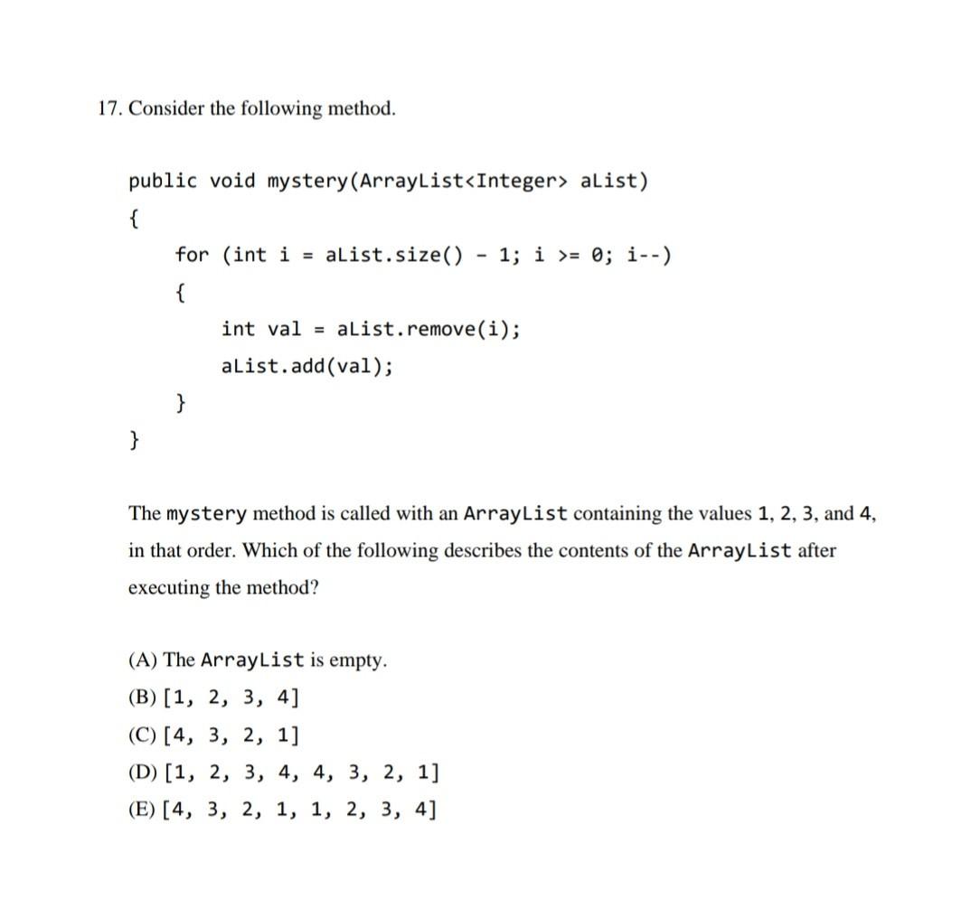 Solved 17. Consider the following method. public void | Chegg.com