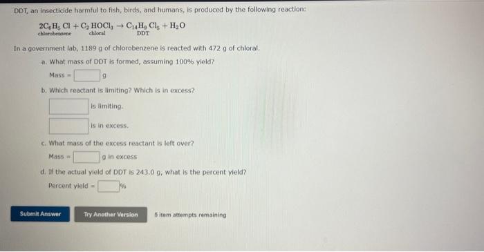 Solved DDT, an insecticide harmful to fish, birds, and | Chegg.com