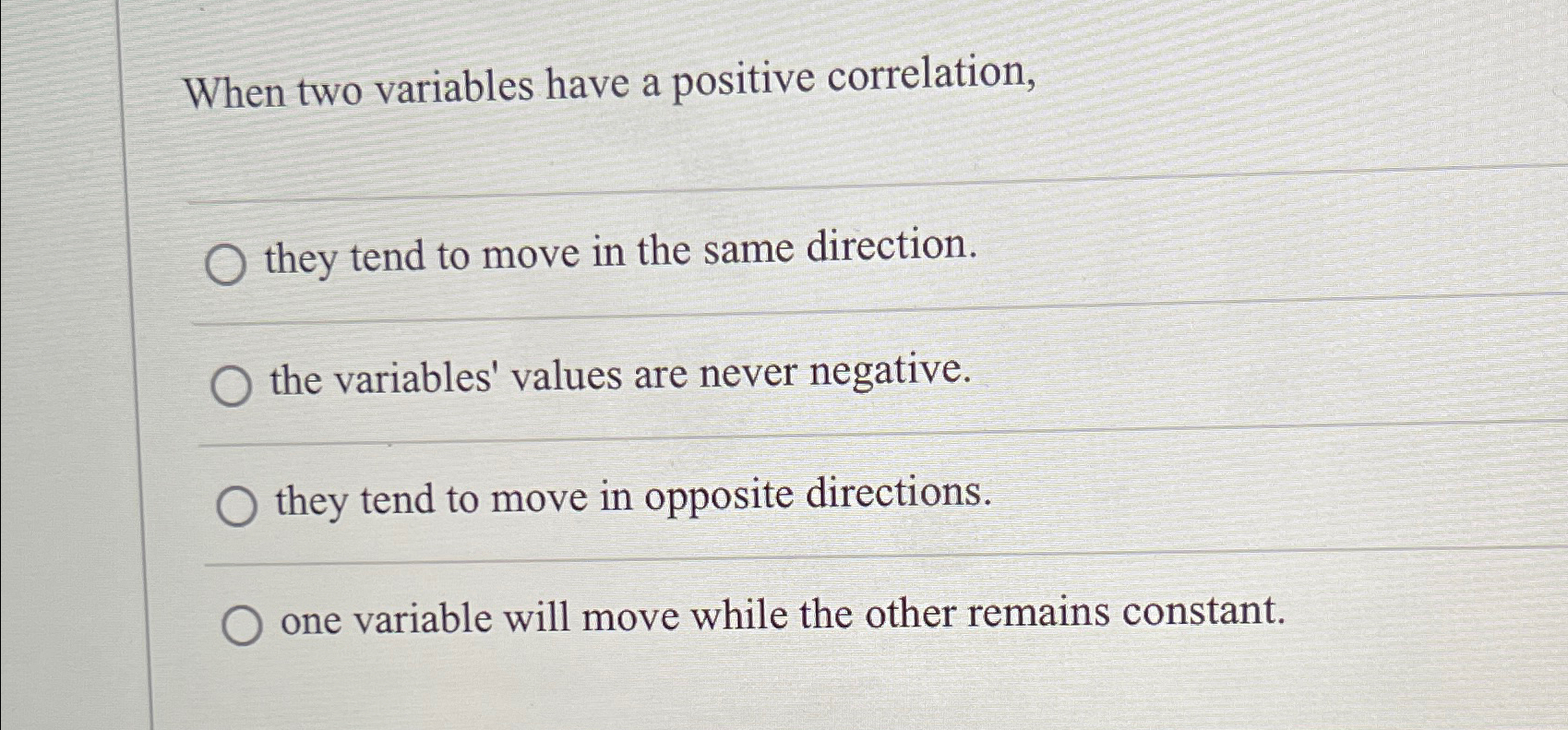 Solved When two variables have a positive correlation,they | Chegg.com