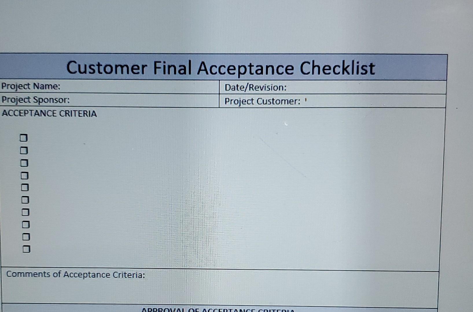 Solved Customer Final Acceptance Checklist Project Name: | Chegg.com