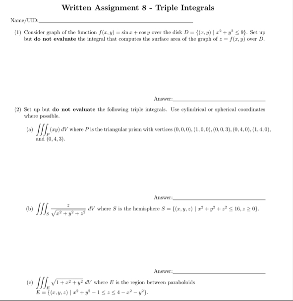 Solved Written Assignment 8 - ﻿Triple IntegralsName/UID: | Chegg.com