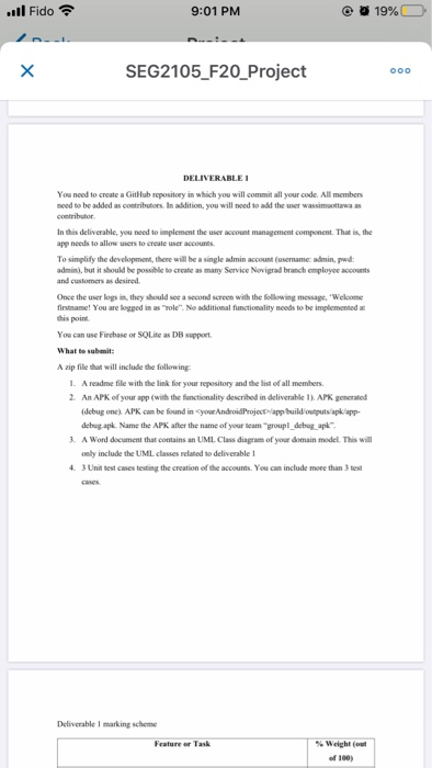 Fido 9:01 PM 19% SEG2105_F20_Project DELIVERABLE | Chegg.com