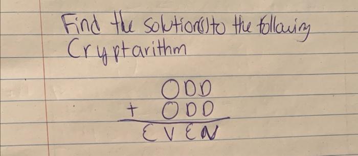 Solved Find the solution(s) to the cryptarithm. ODD + ODD = | Chegg.com