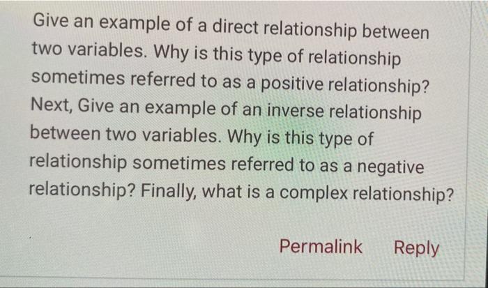 Solved Give an example of a direct relationship between two | Chegg.com