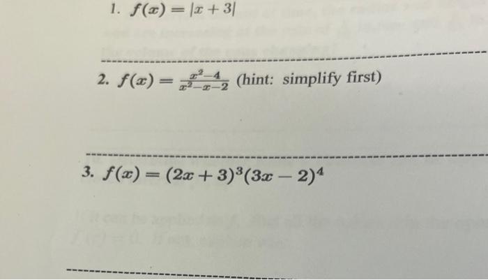 Solved 1. f(x)=∣x+3∣ 2. f(x)=x2−x−2x2−4 (hint: simplify | Chegg.com