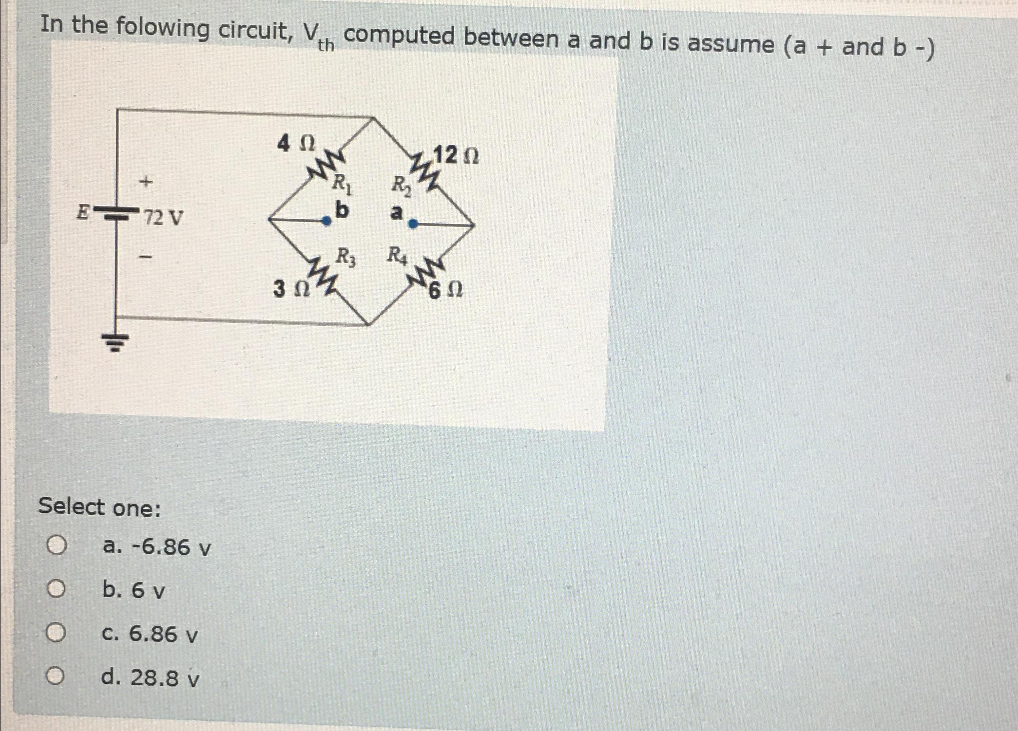 Solved In the folowing circuit, Vth ﻿computed between a and | Chegg.com
