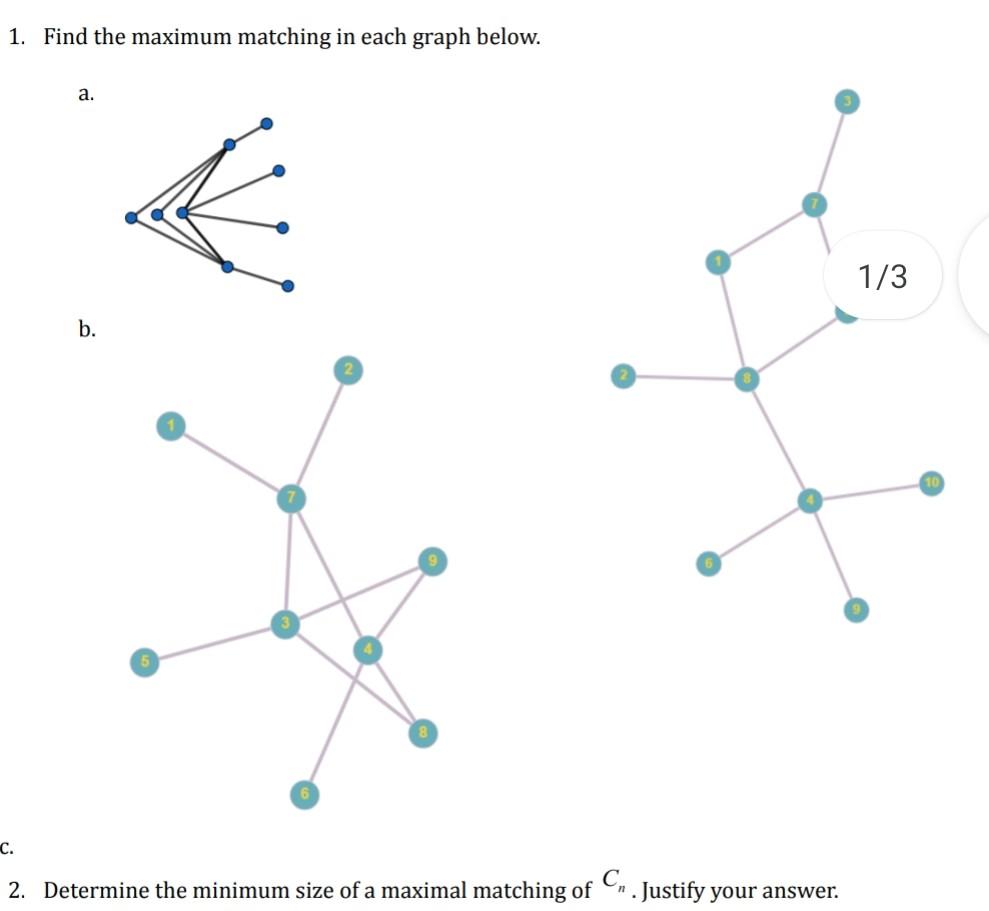 Solved 1. Find the maximum matching in each graph below. a. | Chegg.com