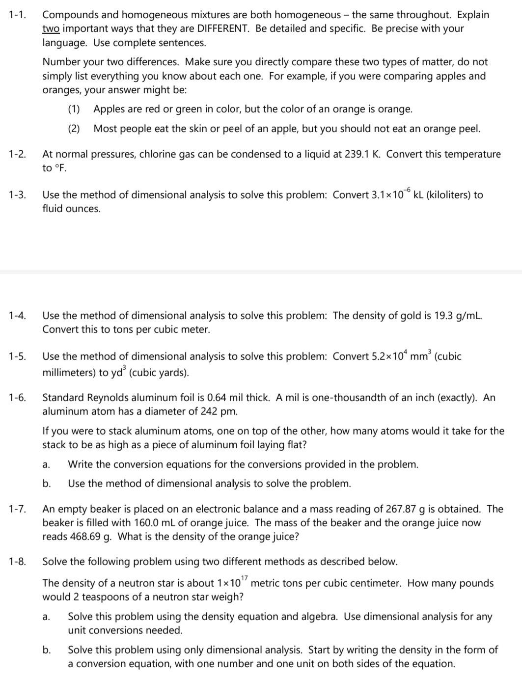 Solved 1-1. Compounds and homogeneous mixtures are both | Chegg.com