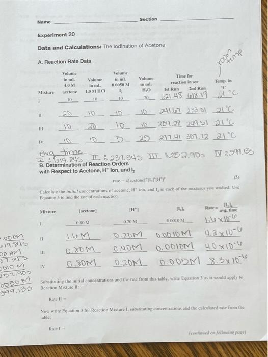 Solved Section Name Experiment 20 Data and Calculations: The | Chegg.com