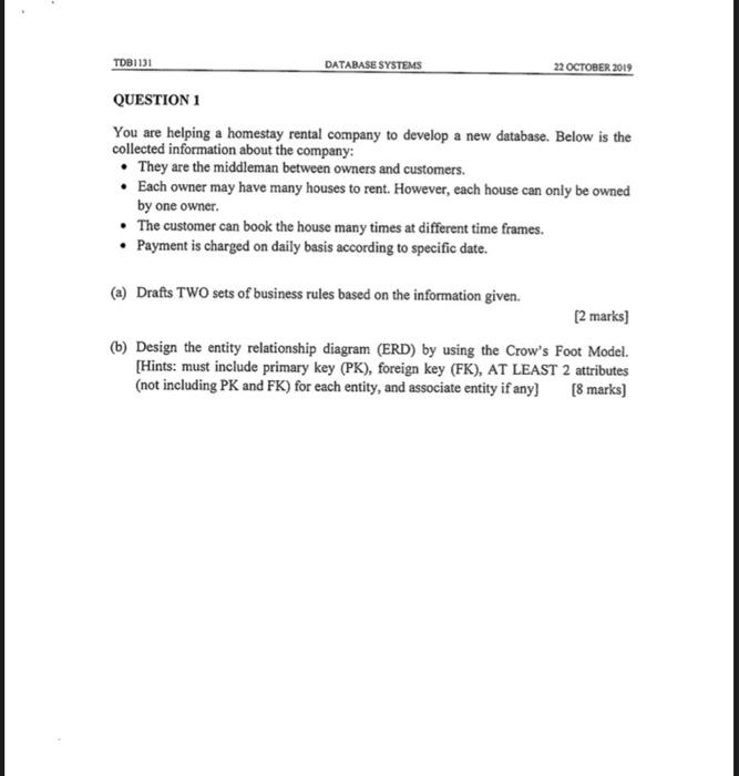 Solved QUESTION 1 You are helping a homestay rental company | Chegg.com