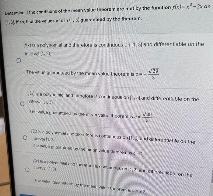 Solved Determine if the conditions of the mean value theorem | Chegg.com