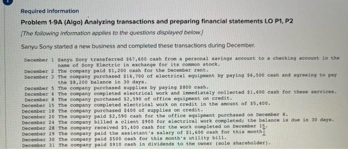 Solved Required information Problem 1-9A (Algo) Analyzing | Chegg.com