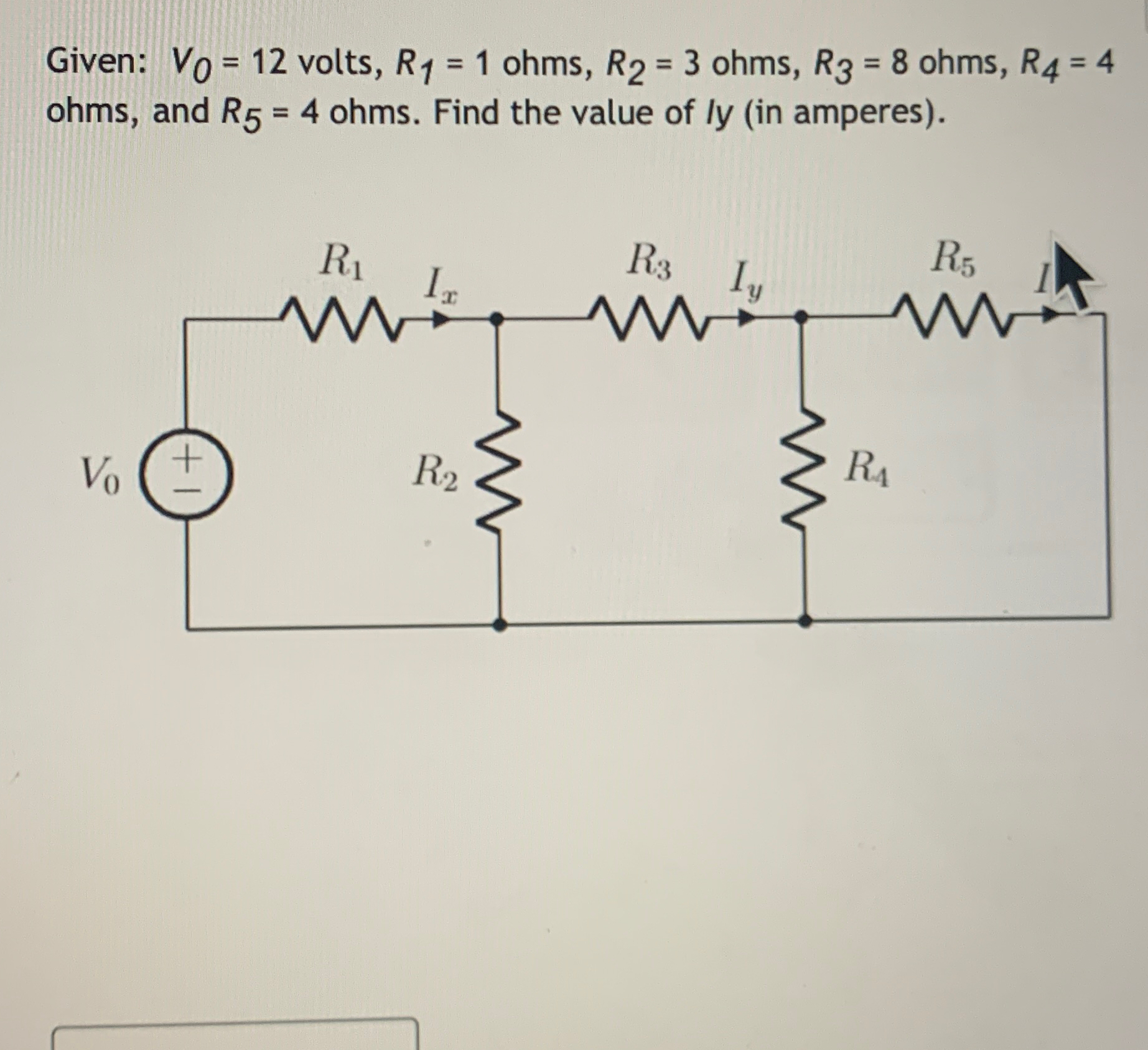 Solved Given: V0=12 ﻿volts, R1=1 ﻿ohms, R2=3 ﻿ohms, R3=8 | Chegg.com