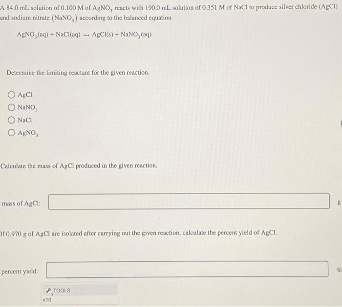 Solved A 84.0 mL solution of 0.100M of AgNO3 reacts with | Chegg.com