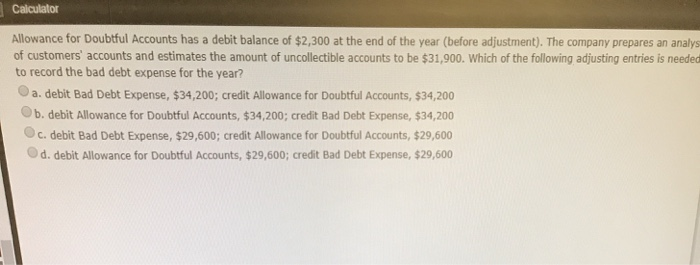 Solved Calculator Allowance for Doubtful Accounts has a | Chegg.com