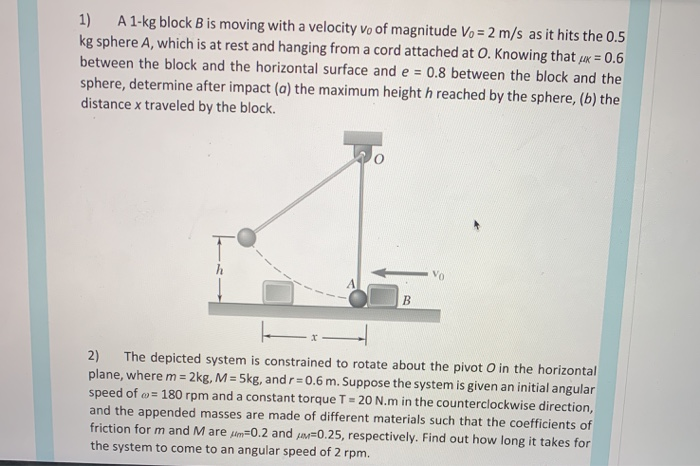 Solved 1) A 1-kg block B is moving with a velocity vo of | Chegg.com
