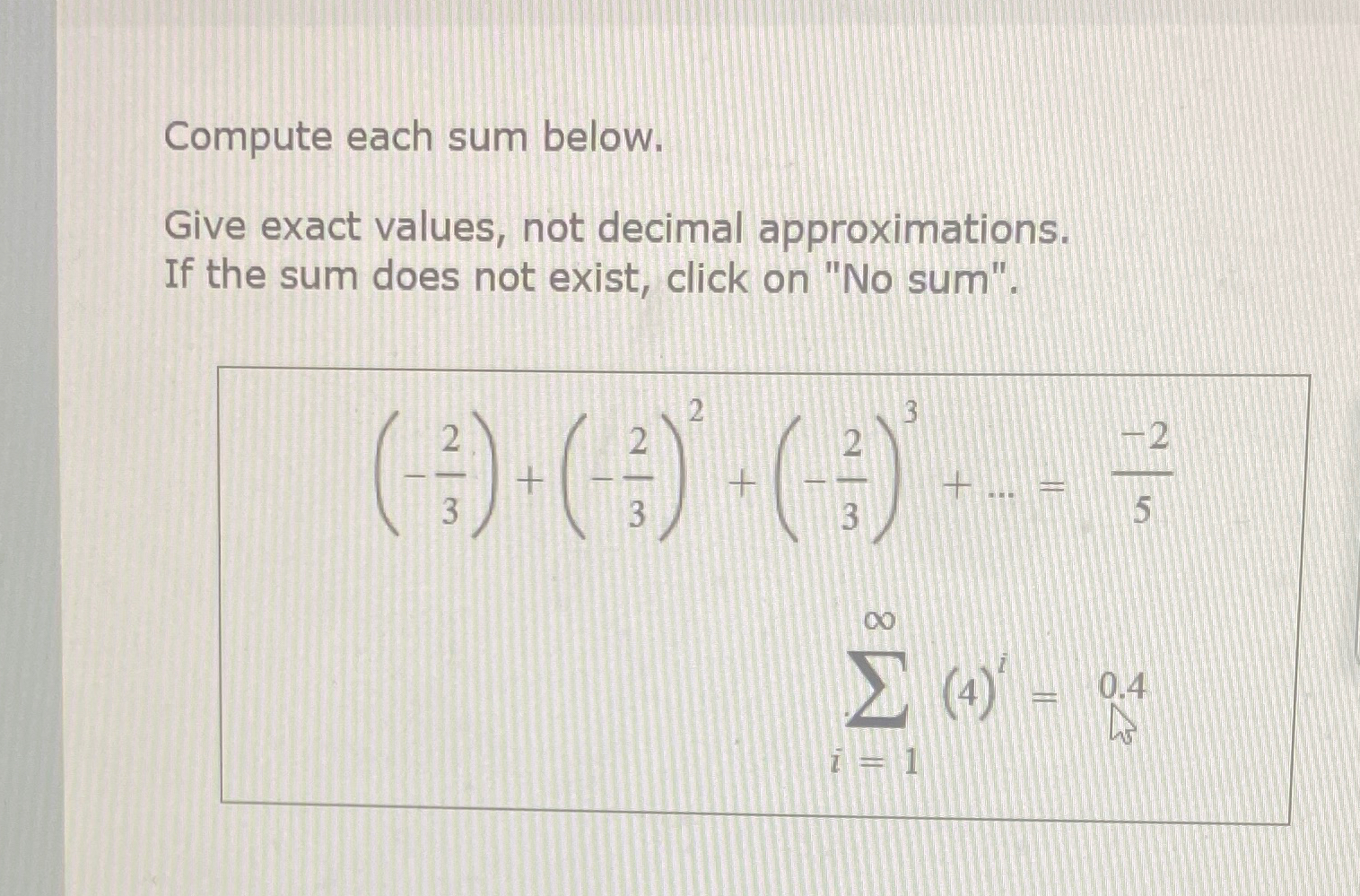 Solved Compute each sum below.Give exact values, not decimal | Chegg.com