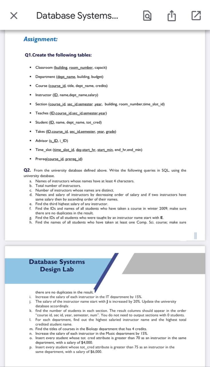 Solved Х Database Systems... a Assignment: Q1.Create the | Chegg.com