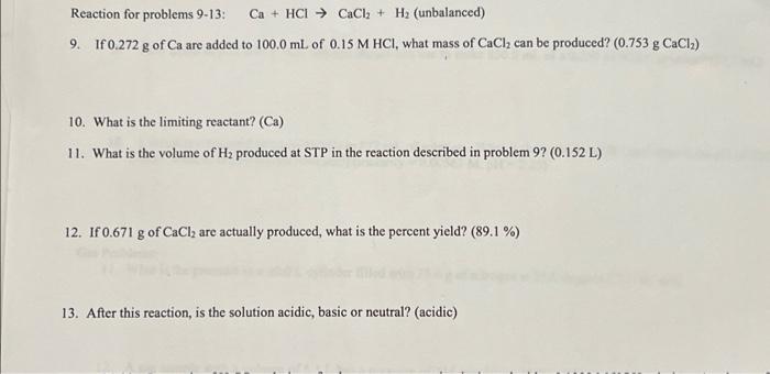Solved Reaction for problems 9-13: Ca + HCl CaCl2 + H₂ | Chegg.com