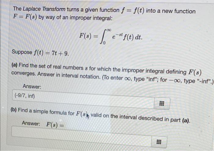 Solved The Laplace Transform turns a given function f = f(t) | Chegg.com