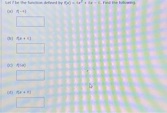 Solved Let f be the function defined by f(x)=4x2+8x−6. Find | Chegg.com