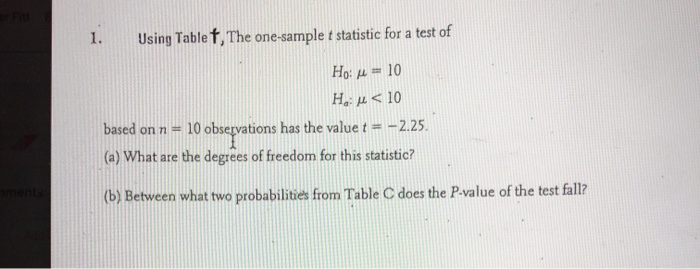 Solved 1. Using Tablef, The one-sample t statistic for a | Chegg.com