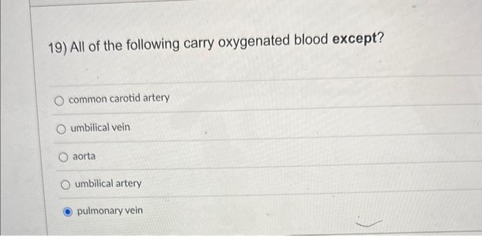 Solved 19) All of the following carry oxygenated blood | Chegg.com
