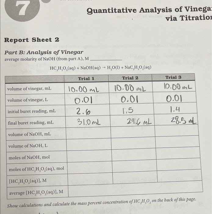 Solved Quantitative Analysis of Vinega via Titratio Report | Chegg.com