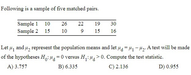 Solved Following is a sample of five matched pairs. Sample 1 | Chegg.com