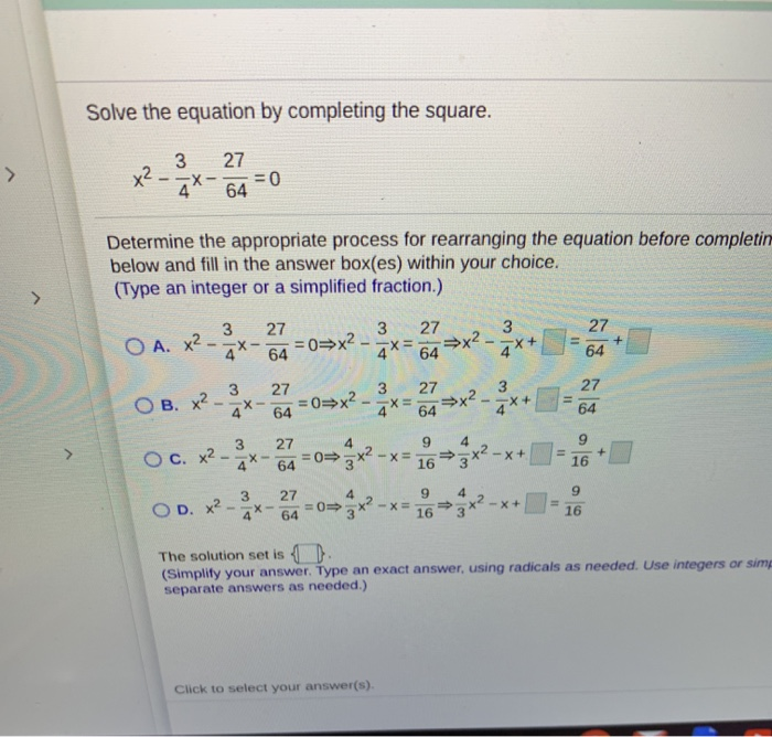 Solved > 4* 64 x2 - Solve the equation by completing the | Chegg.com