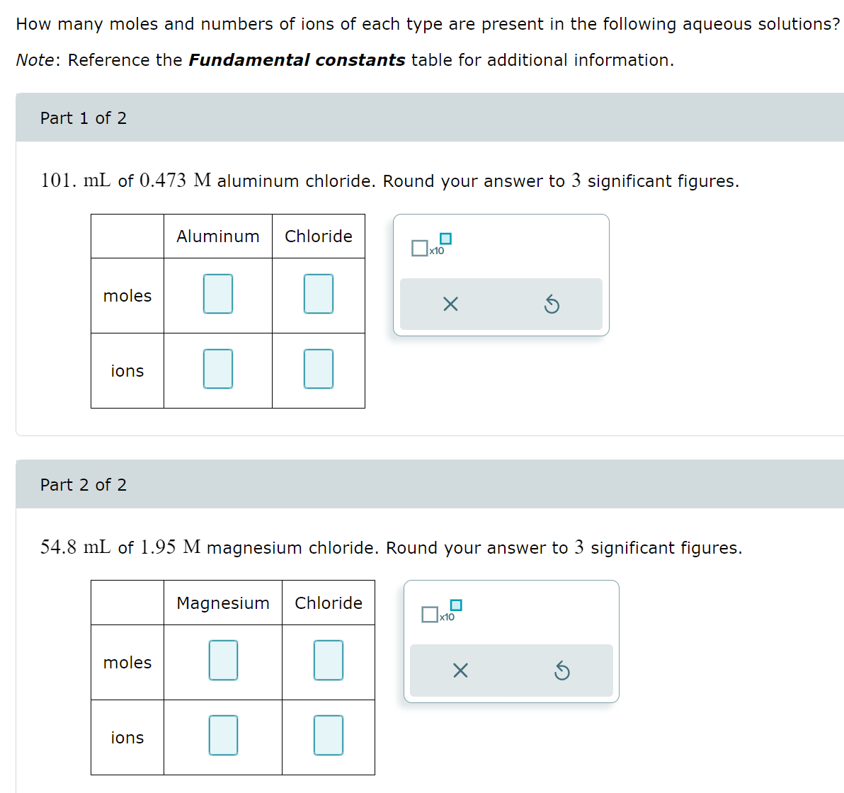 Solved How many moles and numbers of ions of each type are | Chegg.com