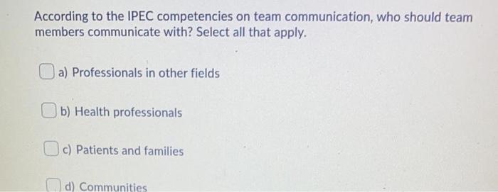 Solved According to the IPEC competencies on team | Chegg.com