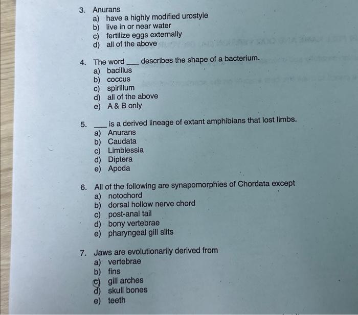 Solved 3. Anurans a) have a highly modified urostyle b) live | Chegg.com