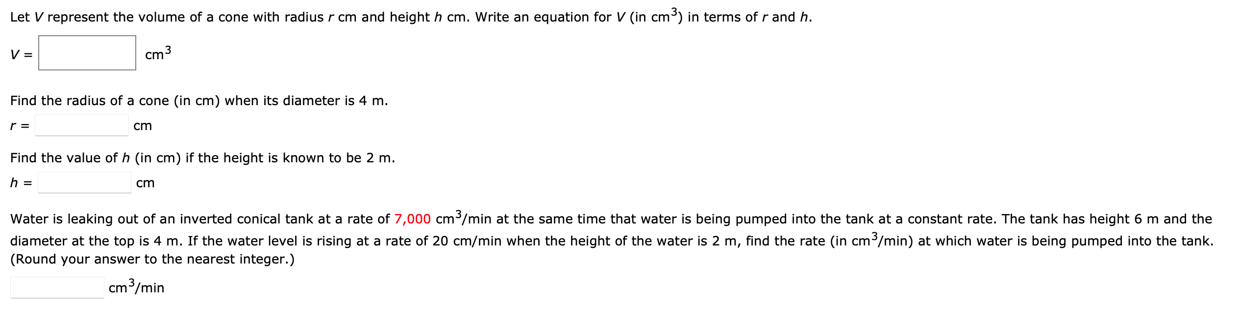 Solved Let V ﻿represent the volume of a cone with radius rcm | Chegg.com