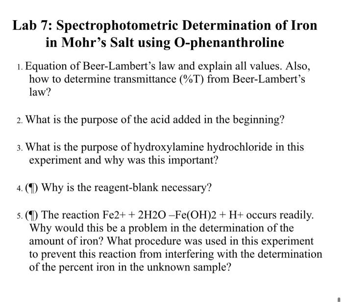 Solved Lab 7. Spectrophotometric Determination of Iron in | Chegg.com