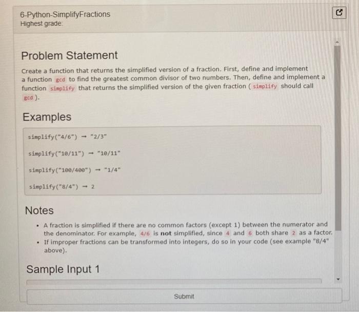 Solved 6 Python Simplifyfractions Highest Grade Problem 