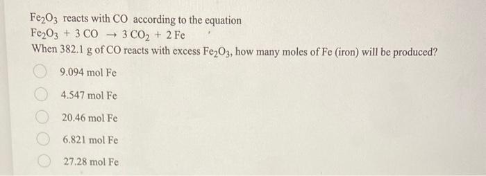Solved Fe2O3 reacts with CO according to the equation | Chegg.com