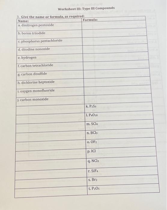 Solved Worksheet III: Type III Compounds 3. Give the name or | Chegg.com