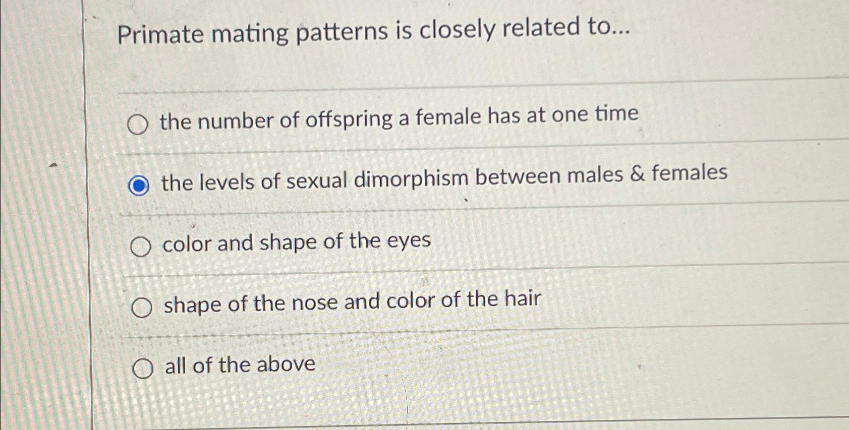 Solved Primate mating patterns is closely related to...the | Chegg.com