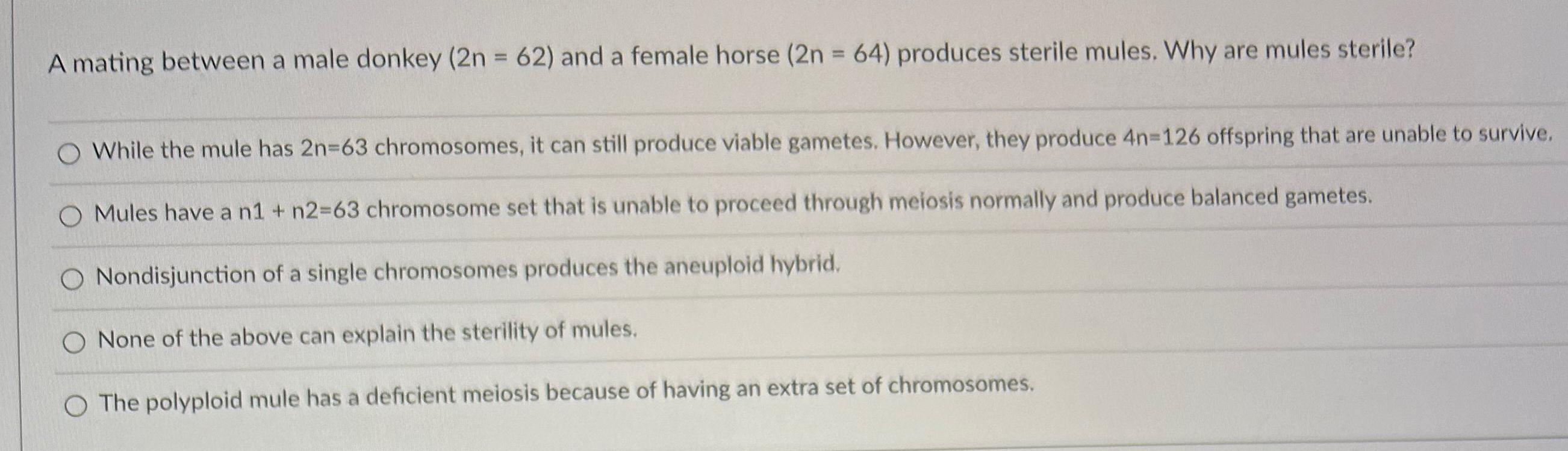 Solved A mating between a male donkey )=(62 ﻿and a female | Chegg.com