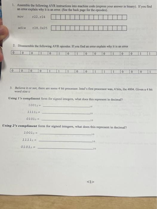 Solved 1. Assemble the following AVR instructions into | Chegg.com