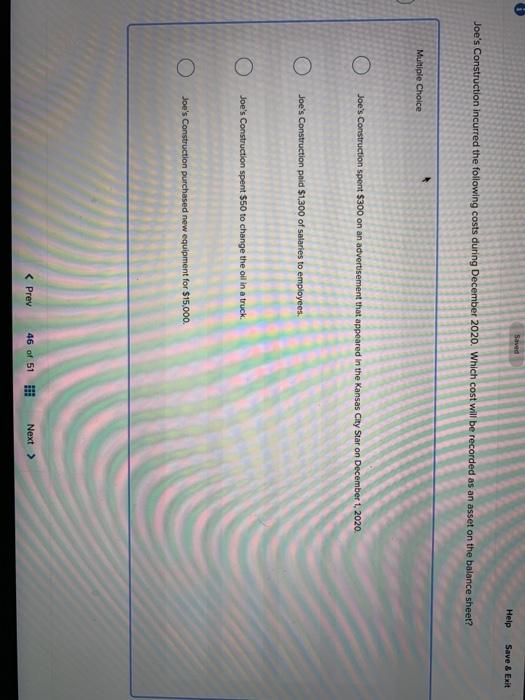 Solved Saved Help Save & Exit Joe's Construction incurred | Chegg.com