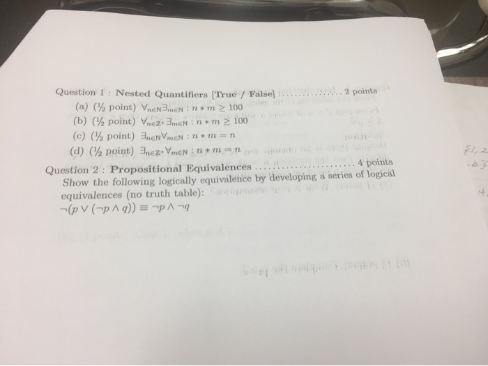 Solved Question 1: Nested Quantifiers True False) | Chegg.com