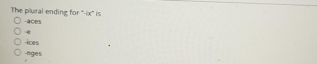 Solved The plural ending for " -ix " ﻿is-aces-e-ices-nges | Chegg.com